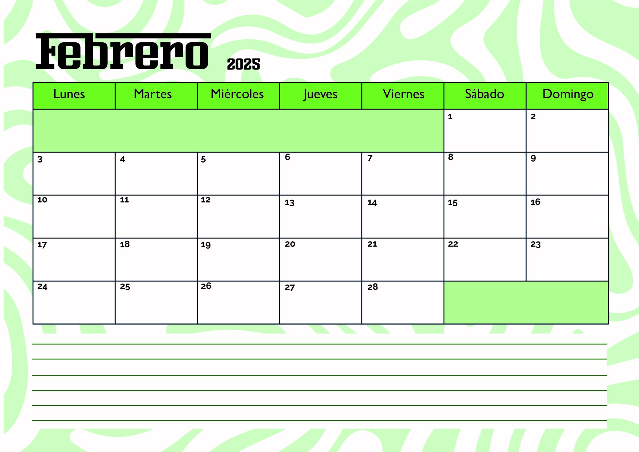 Calendario Febrero 2025 para imprimir