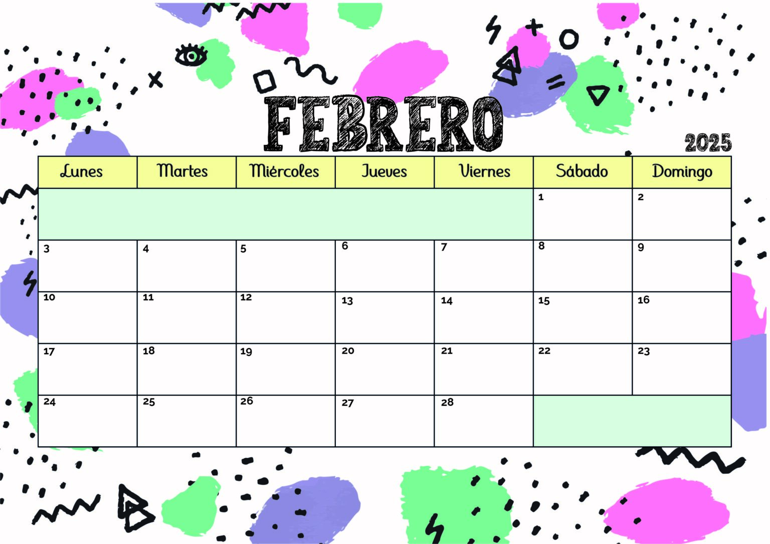 Calendario Febrero 2025 para imprimir