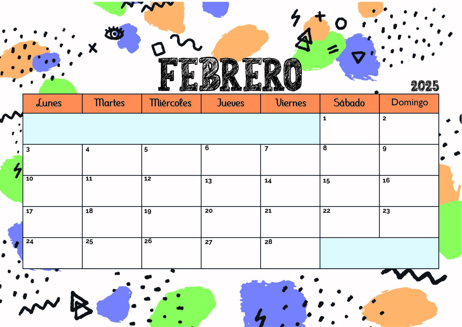 Calendario Febrero 2025 para imprimir