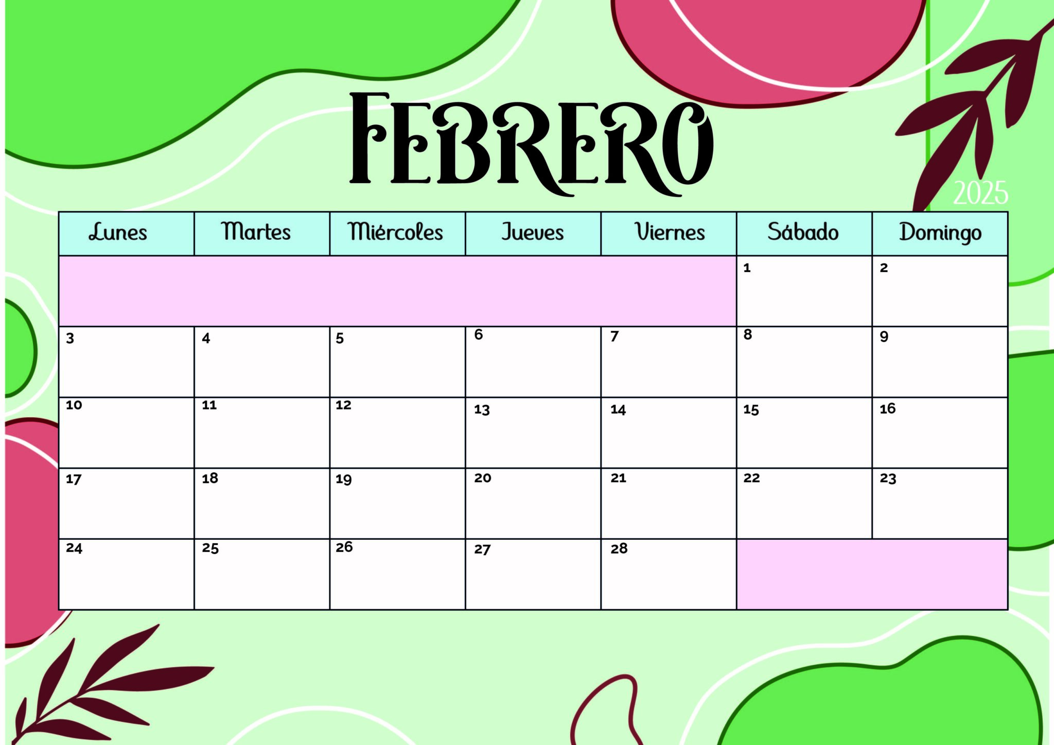 Calendario Febrero 2025 para imprimir